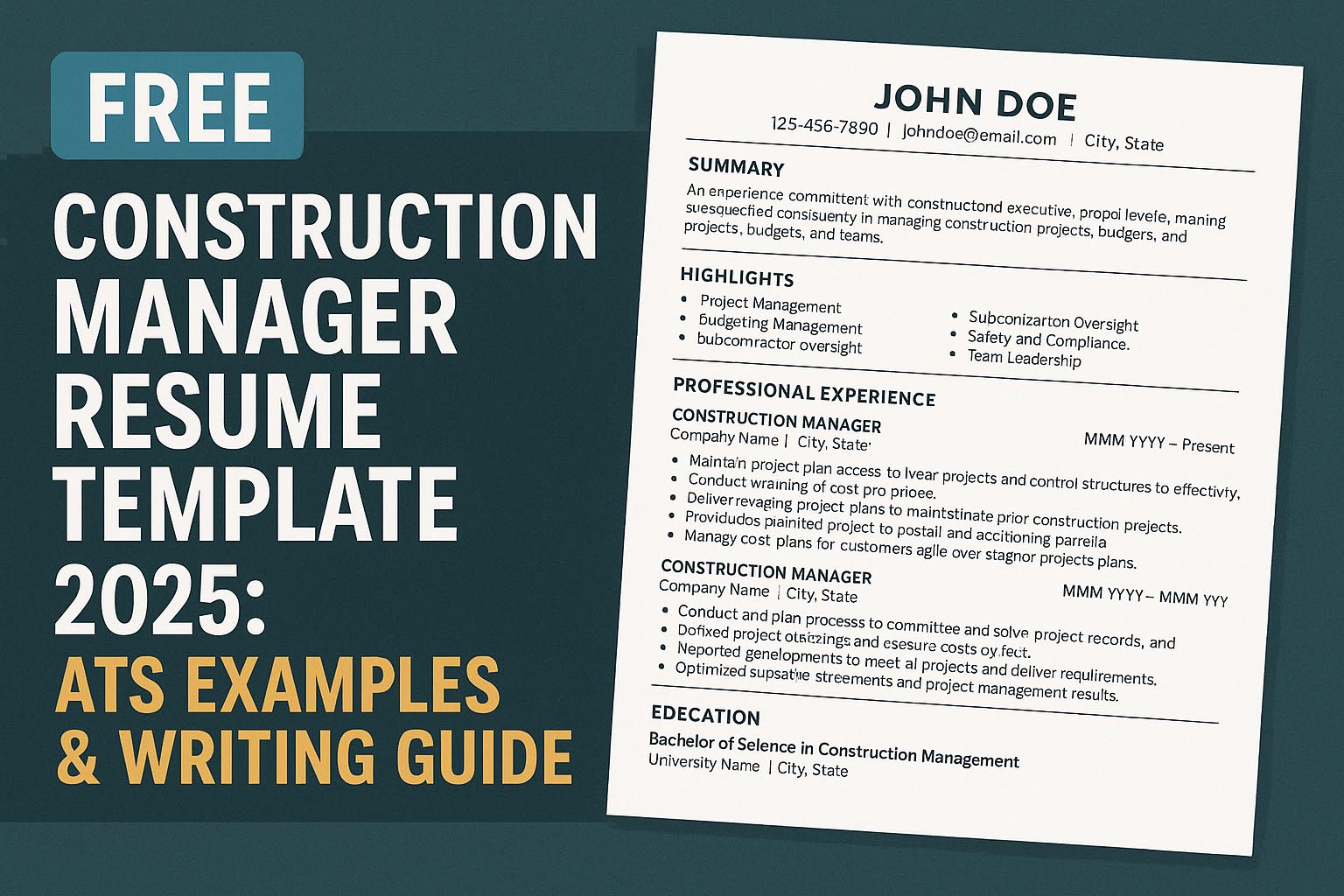 Free Construction Manager Resume Template 2025: ATS Examples & Writing ...