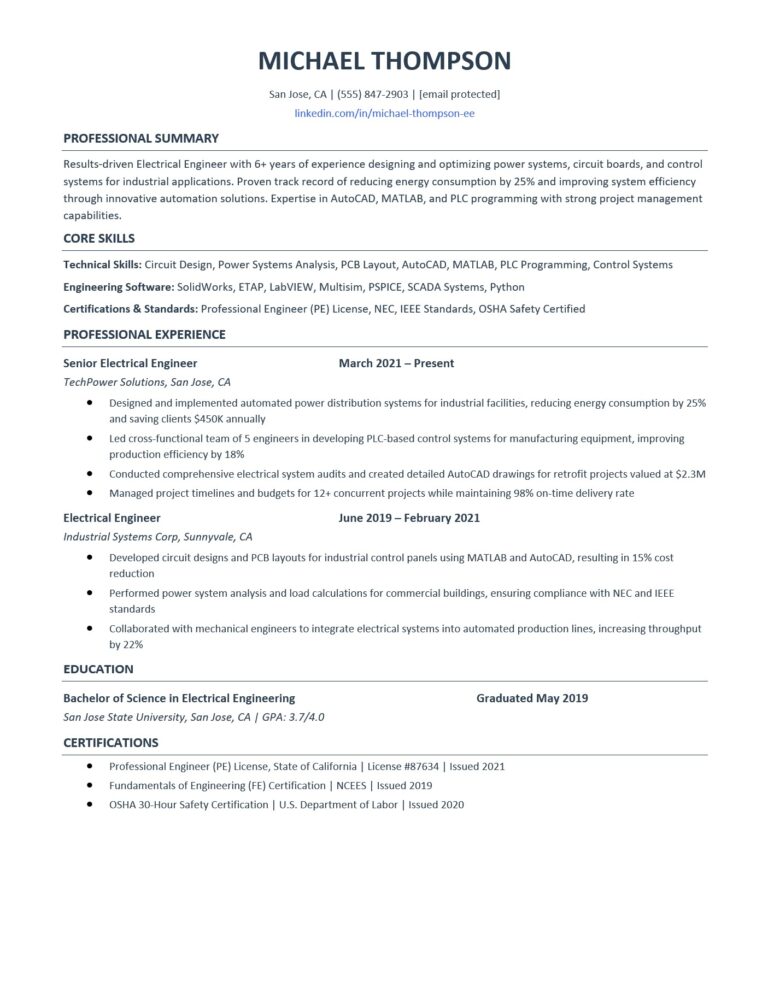 Free Electrical Engineer Resume Template 2025: Download ATS-Friendly ...