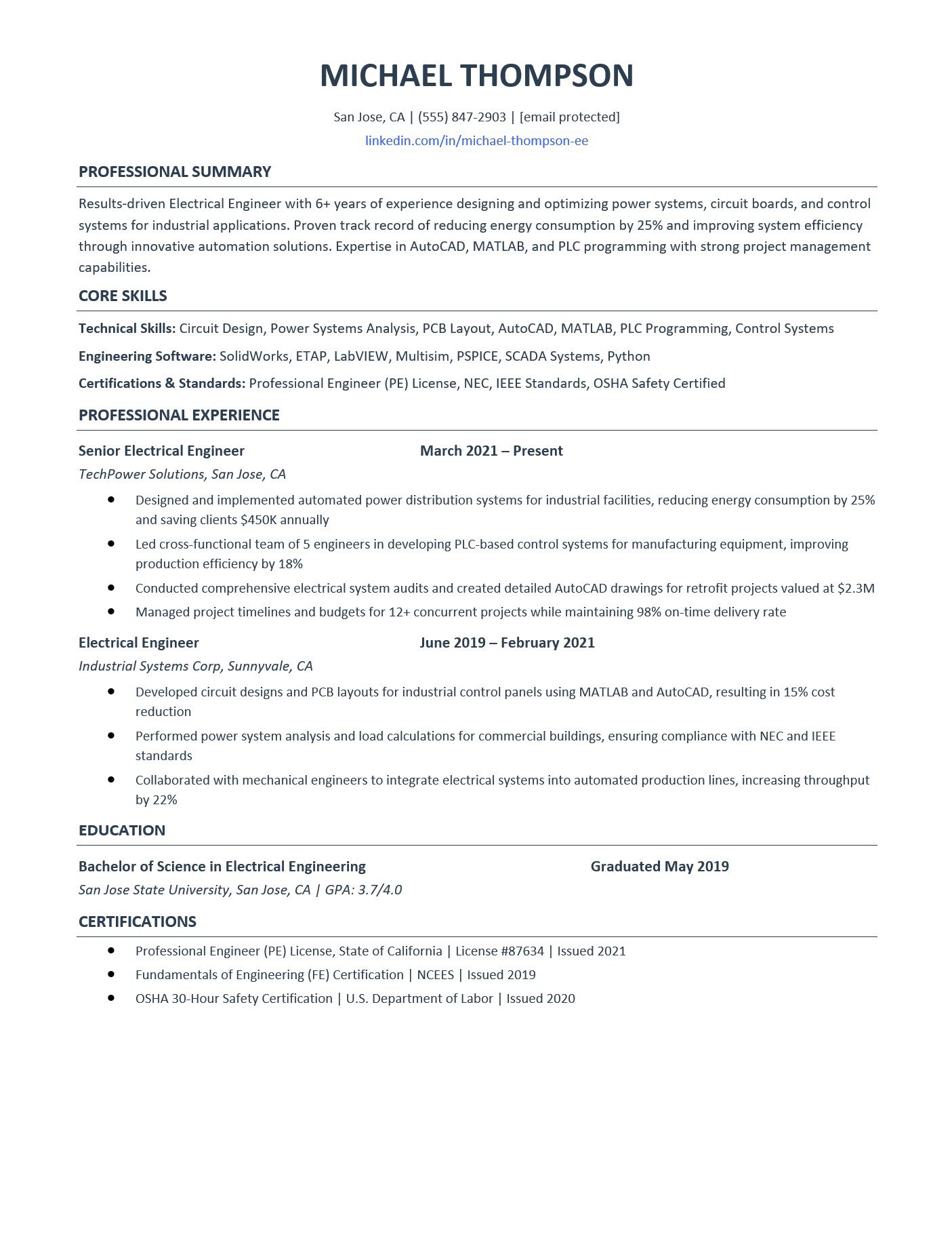Free Electrical Engineer Resume Template 2025: Download ATS-Friendly ...