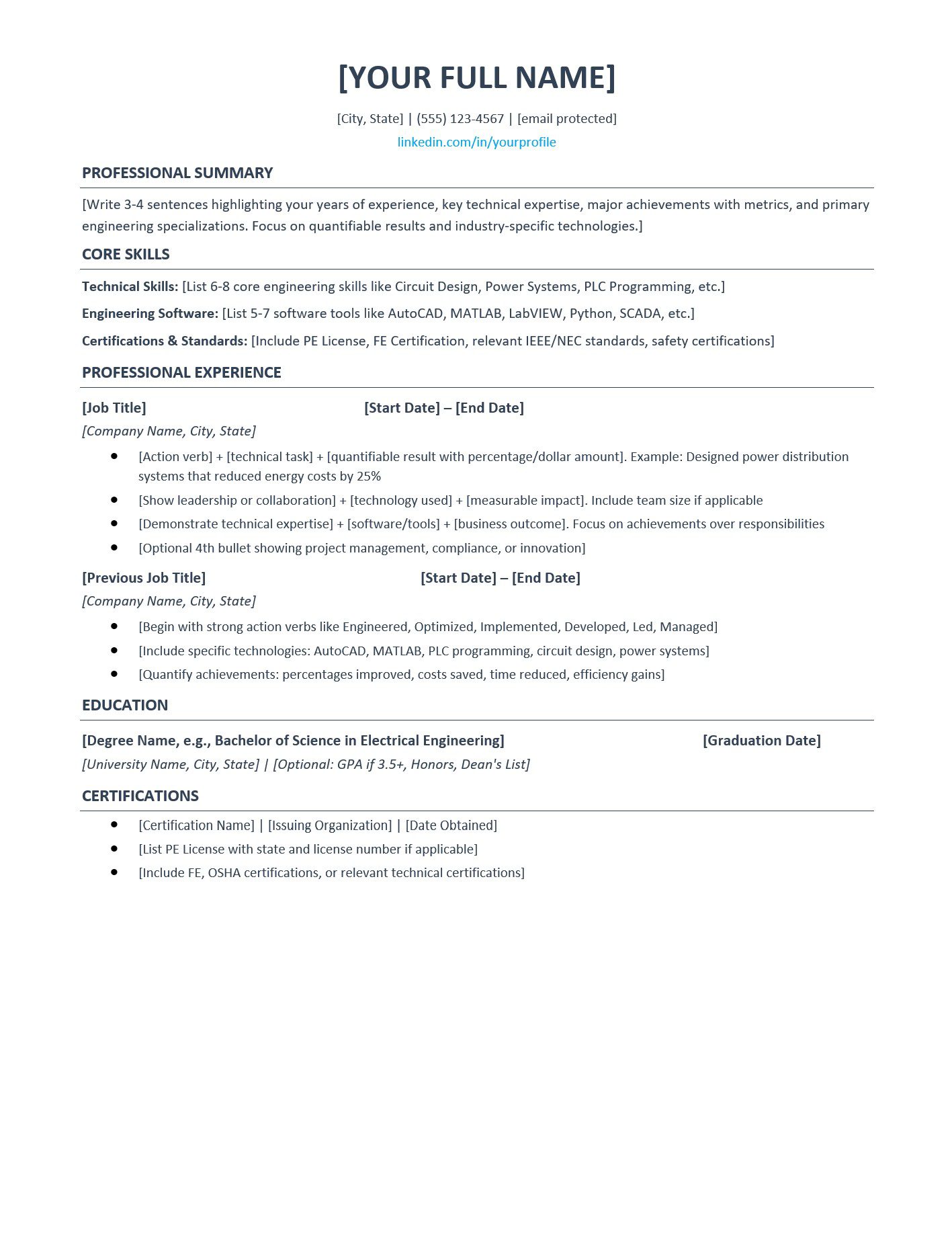 Free Electrical Engineer Resume Template 2025: Download ATS-Friendly ...