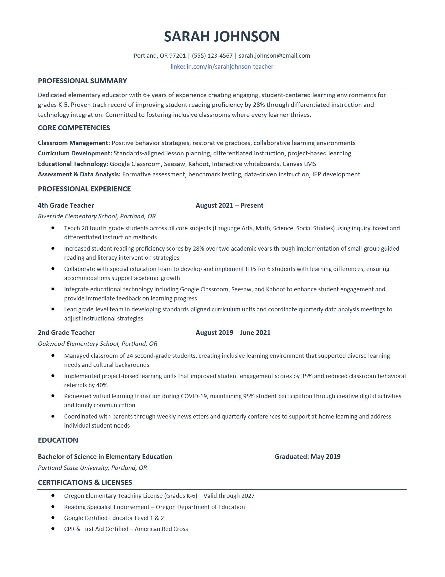 Free Elementary School Teacher Resume Template 2026: ATS Examples ...