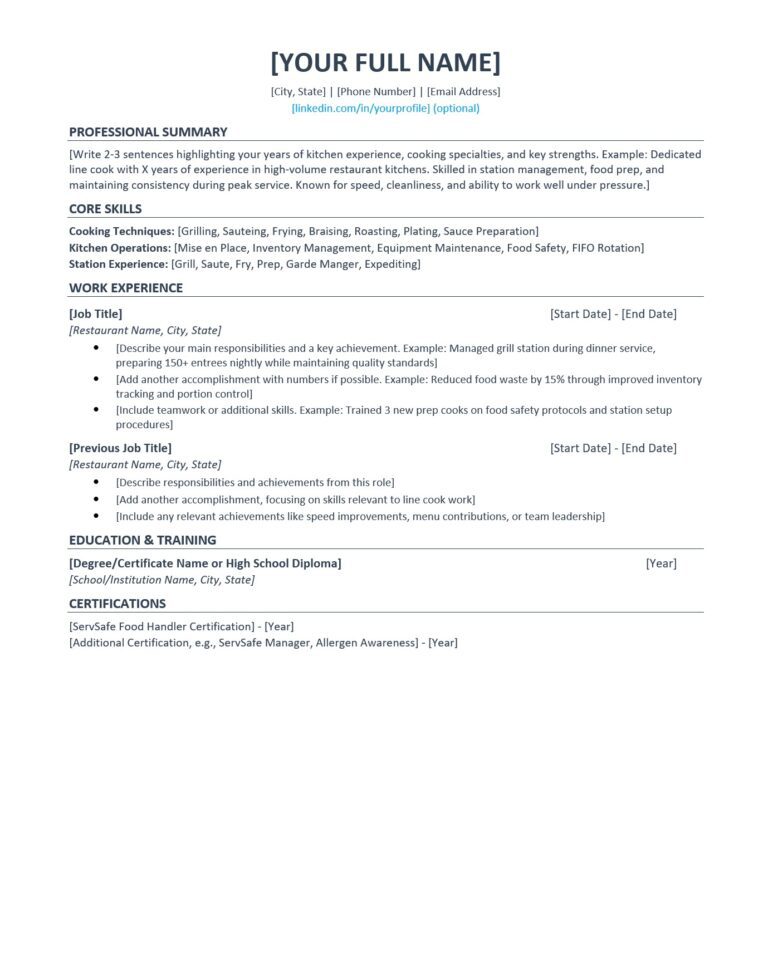 Free Line Cook Resume Template: ATS Examples & Writing Guide 2026 - The ...