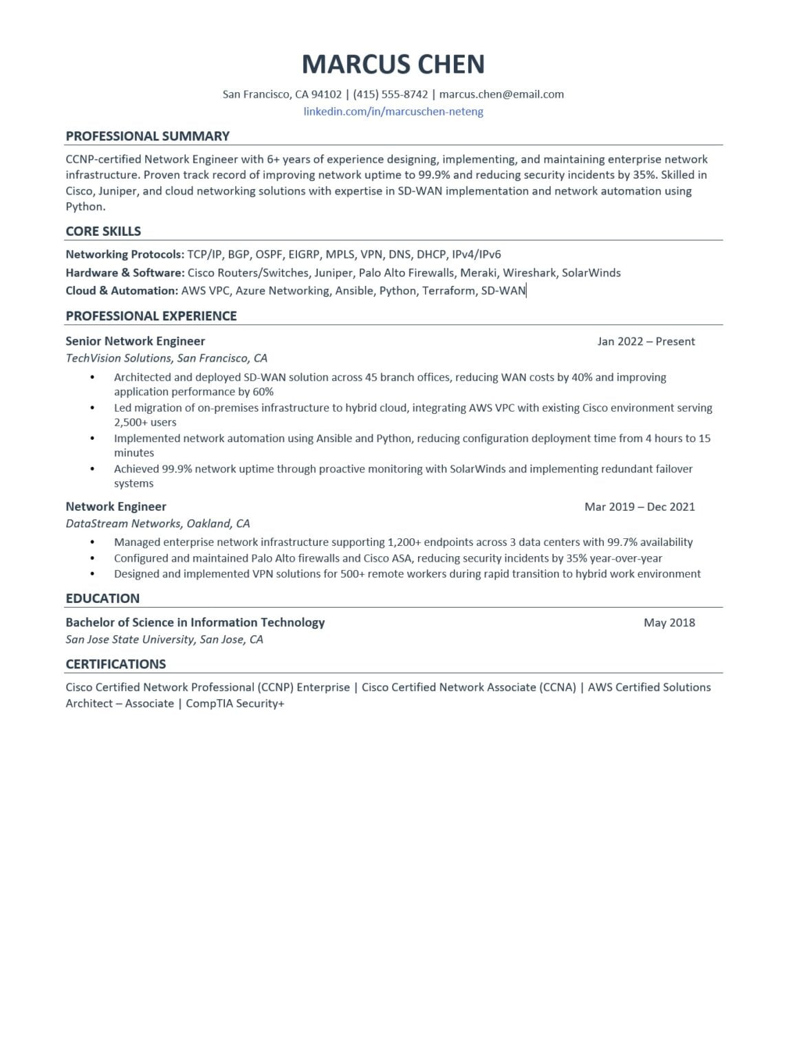 Free Network Engineer Resume Template: ATS Examples and Writing Guide ...