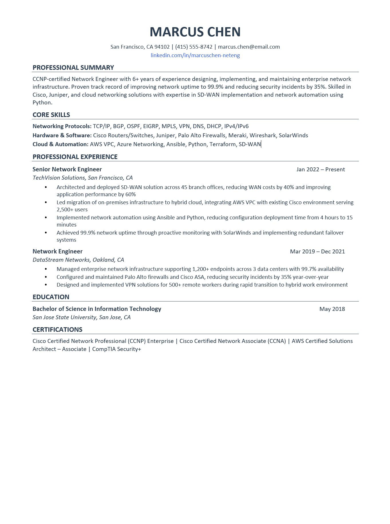 Free Network Engineer Resume Template: ATS Examples and Writing Guide ...