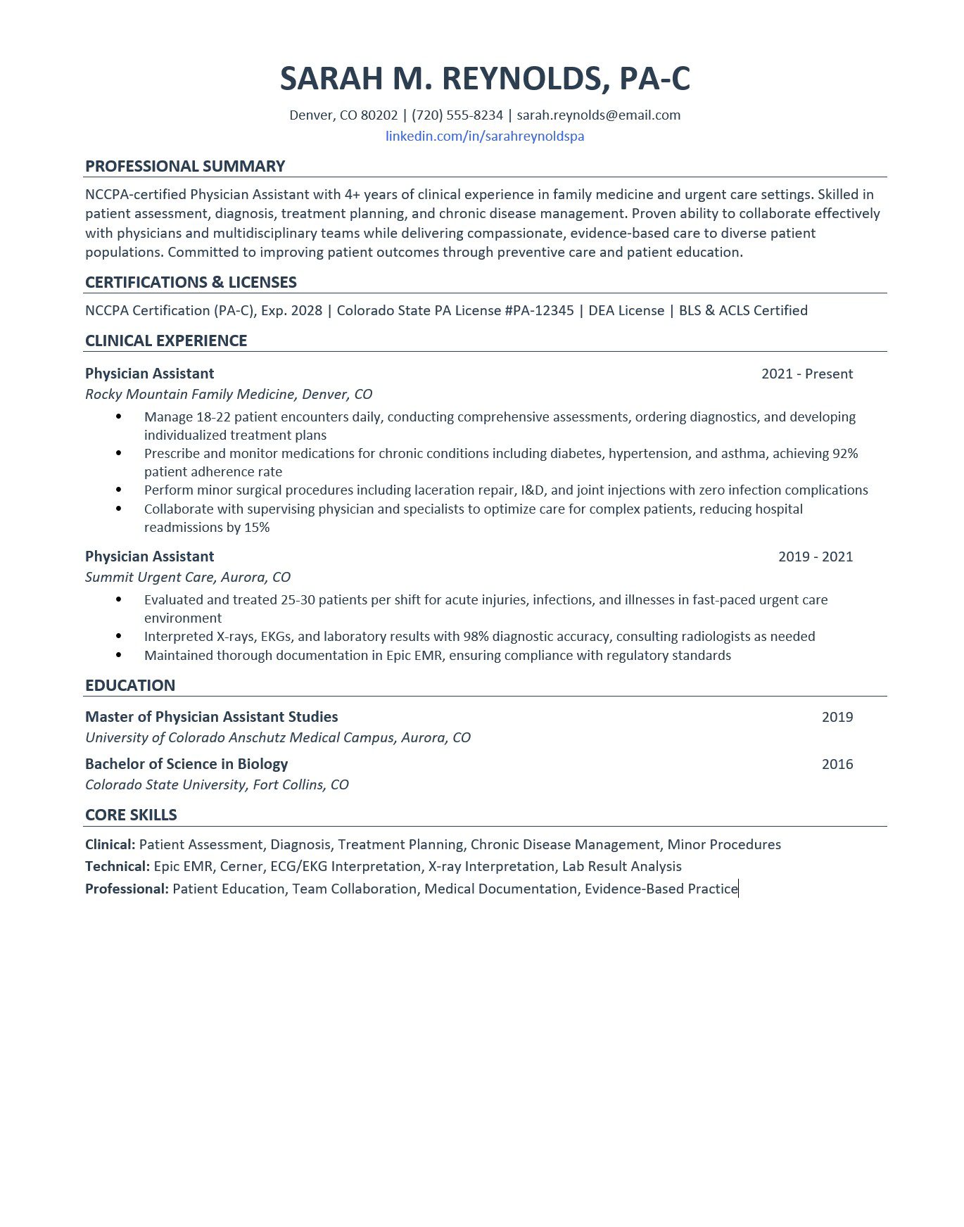 Free Physician Assistant Resume Template 2026: ATS Ready Examples ...