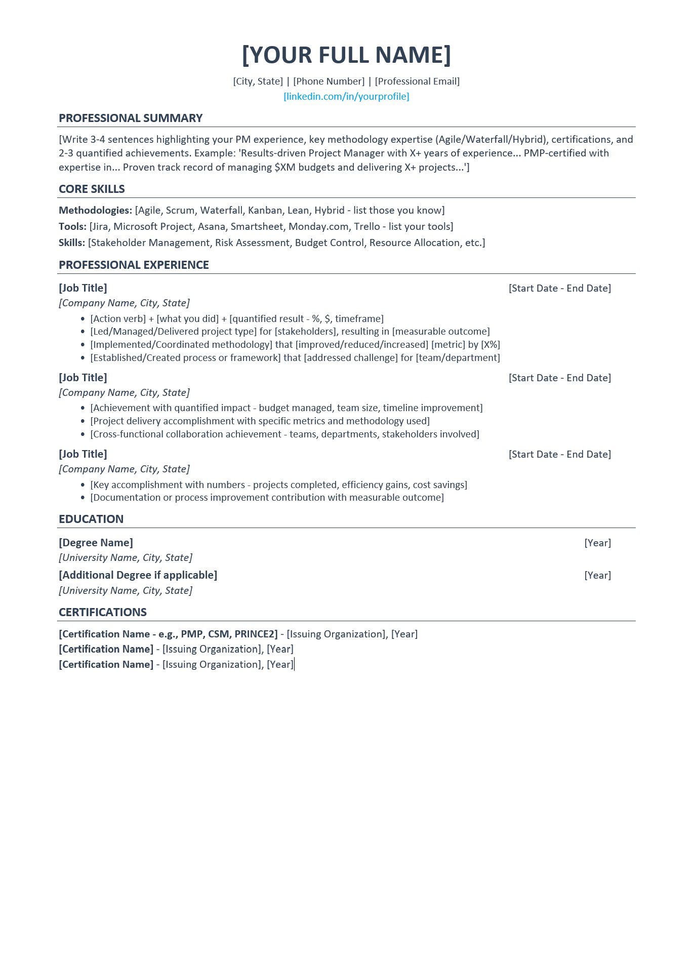 Free Project Manager Resume Template 2026: ATS Ready Examples and ...