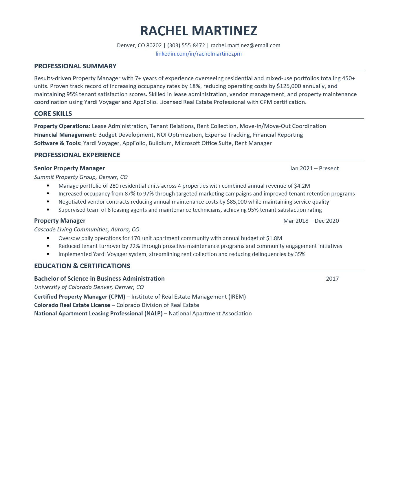 Free Property Manager Resume Template: ATS Proof Example & Writing ...