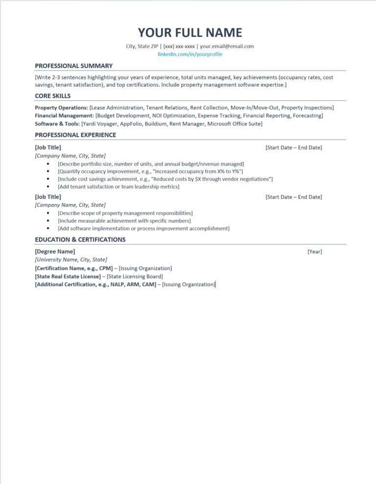 Free Property Manager Resume Template: ATS Proof Example & Writing ...
