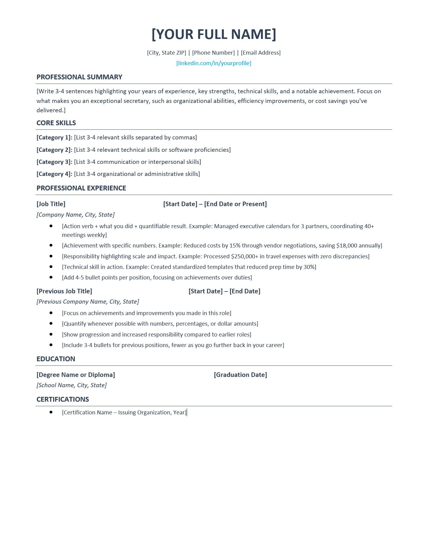 Free Secretary Resume Template: + ATS Examples & 2025 Writing Guide ...