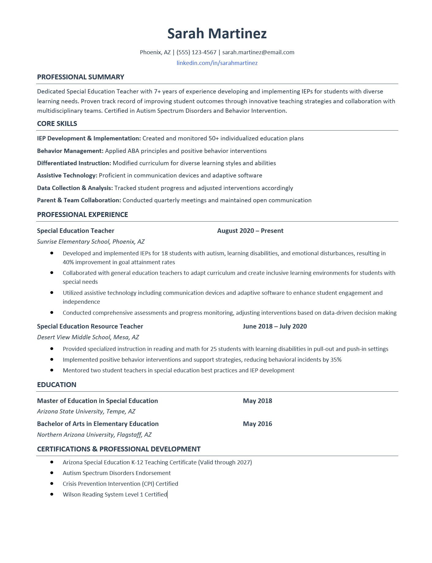 Free Special Education Teacher Resume Template: ATS Examples & Writing ...
